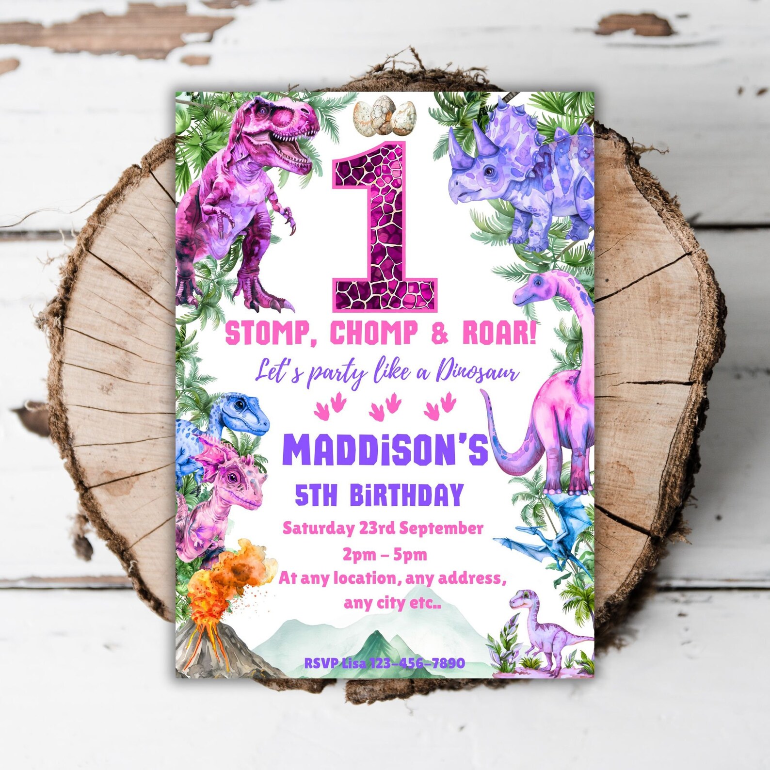 Printable Dinosaur Girls 1st Birthday Invitation Dino Editable Jurassic ...