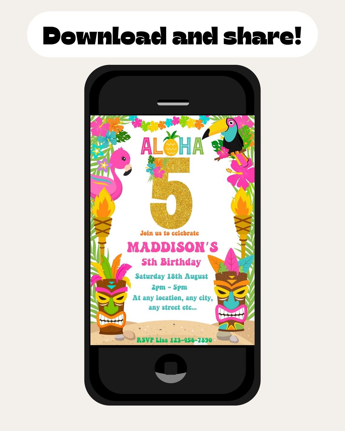 Printable Hawaiian Luau Girls 5th Birthday Invitation Tropical Pool ...