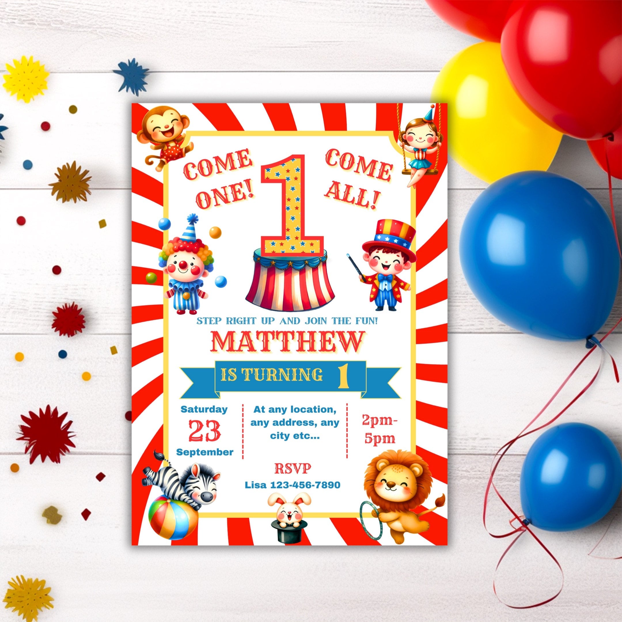 Printable Circus 1st Birthday Invitation Carnival Editable Greatest ...