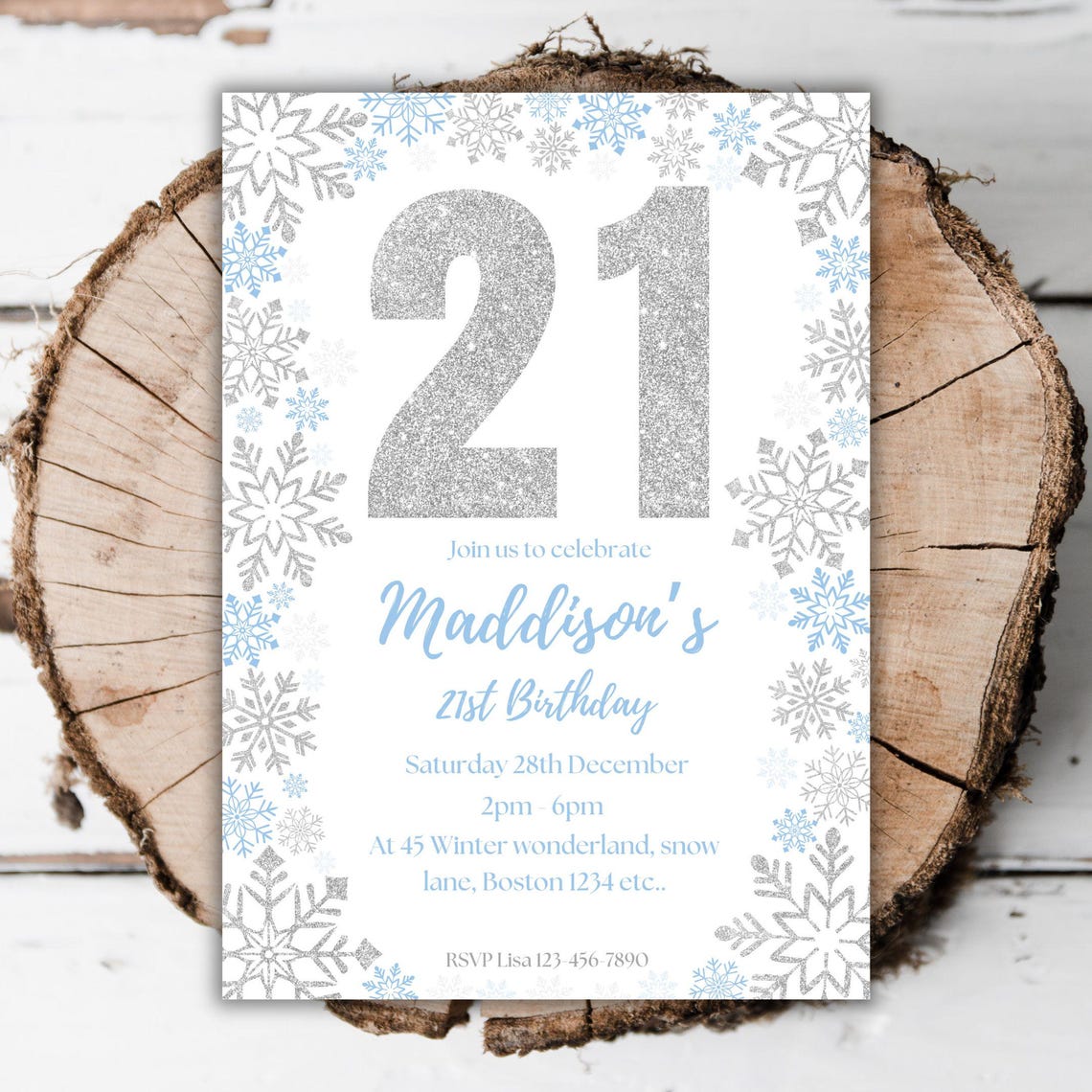Printable Snowflake 21st Birthday Invitation Winter Wonderland Editable ...