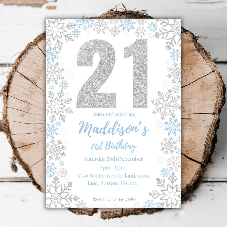 Printable Snowflake 21st Birthday Invitation Winter Wonderland Editable ...