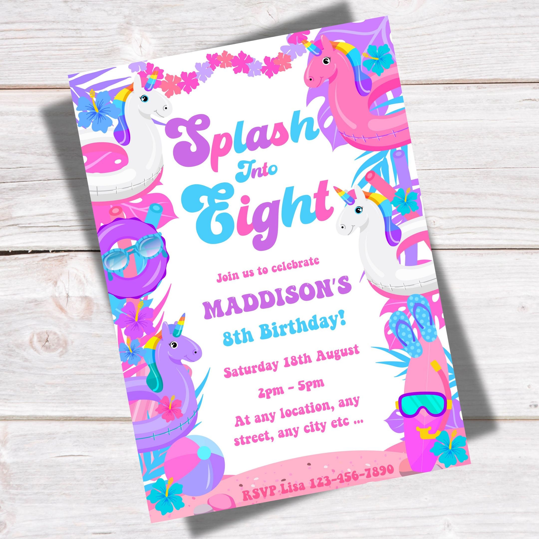 Printable Unicorn Splash Into Eight Pool Party Bash Girls 8th Birthday ...