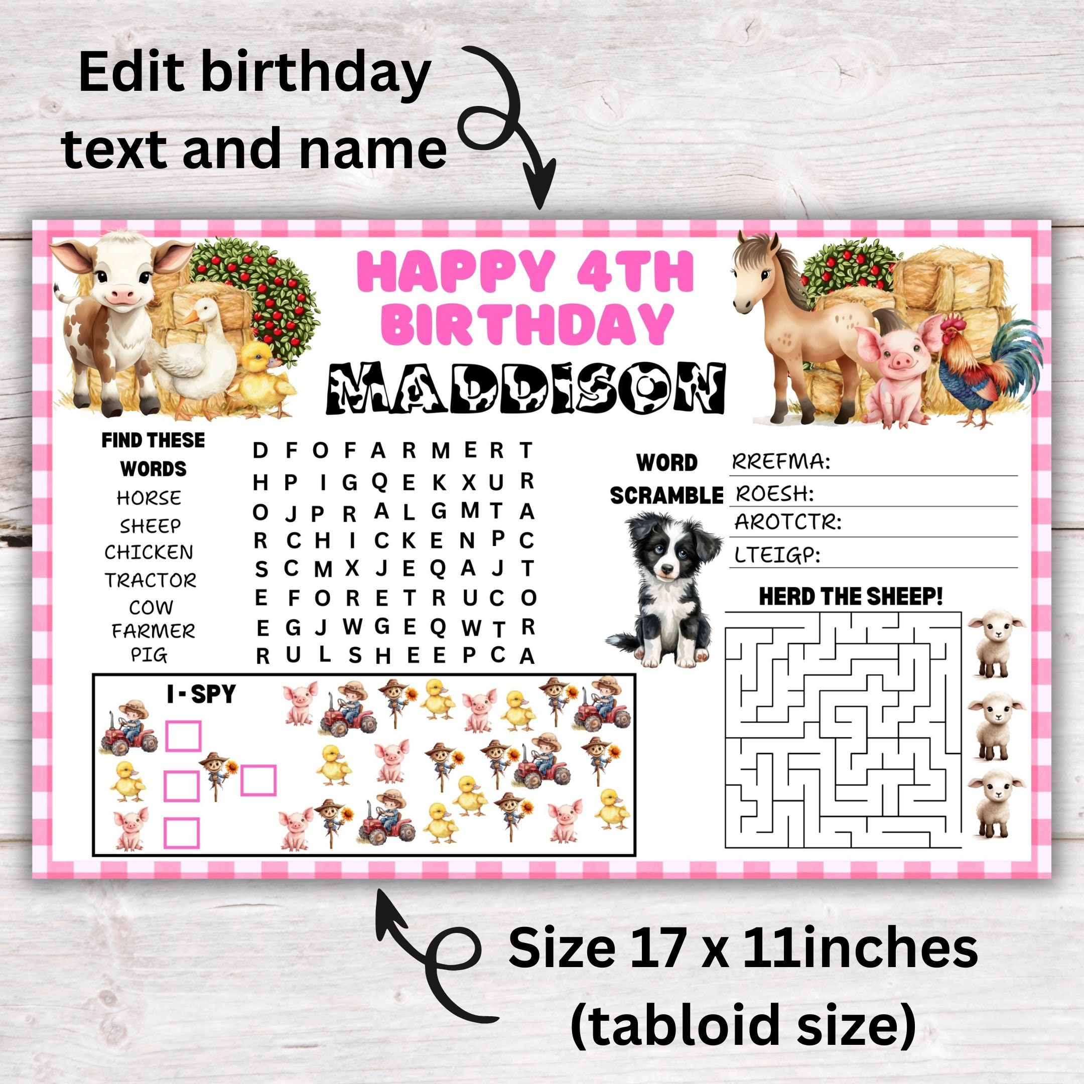 Printable Pink Farm Party Placemat Activity Sheet Farm Animals Editable ...