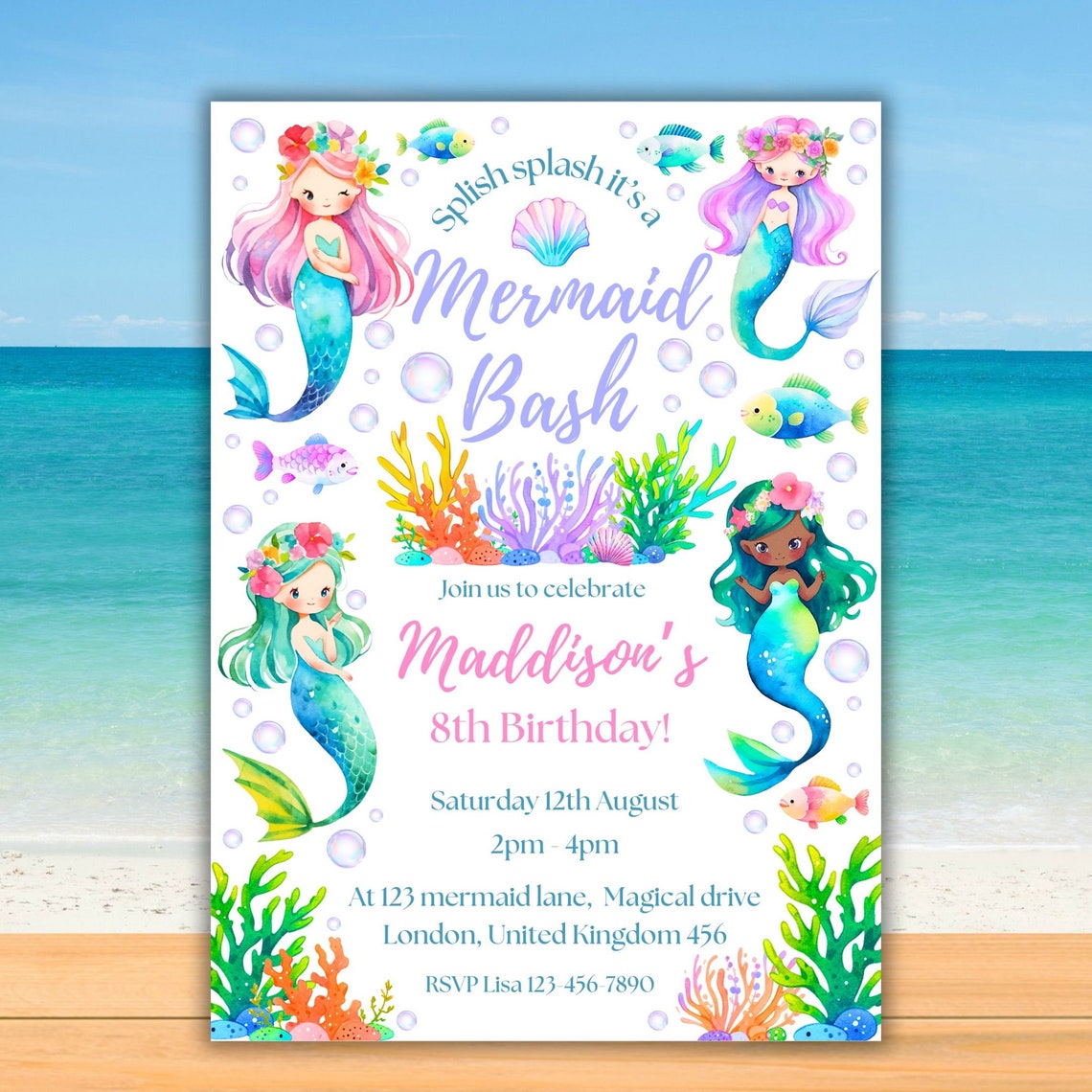 Printable Mermaid Birthday Invitation Girls Tropical Under the Sea ...