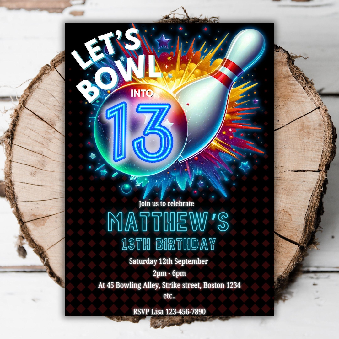 Printable Neon Bowling Boys 13th Birthday Invitation Glow Editable ...