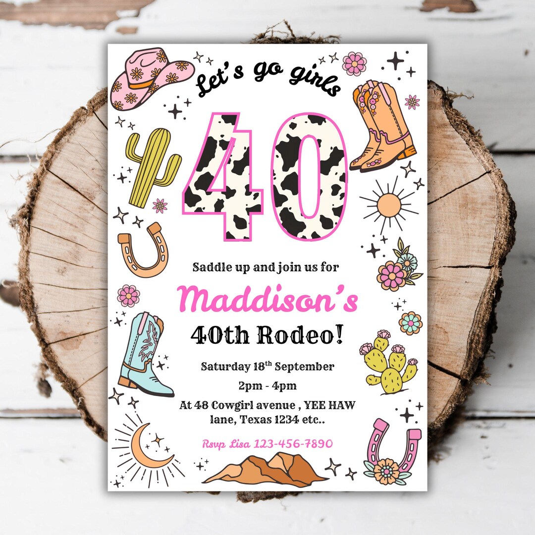Printable Cowgirl 40th Birthday Invitation Women’s Wild West Rodeo ...