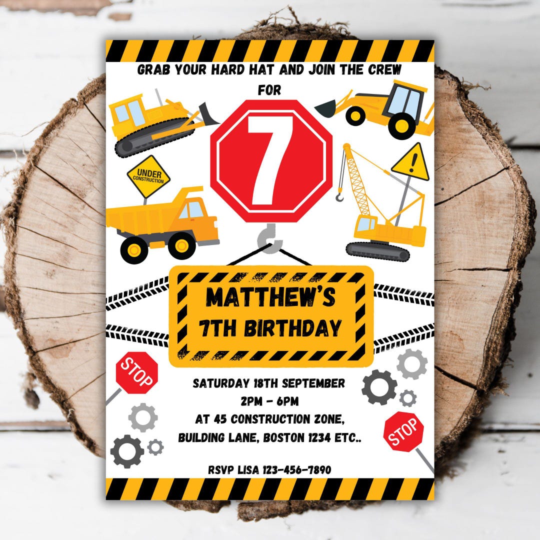 Printable Building 7th Birthday Invitation Builders Construction Truck ...
