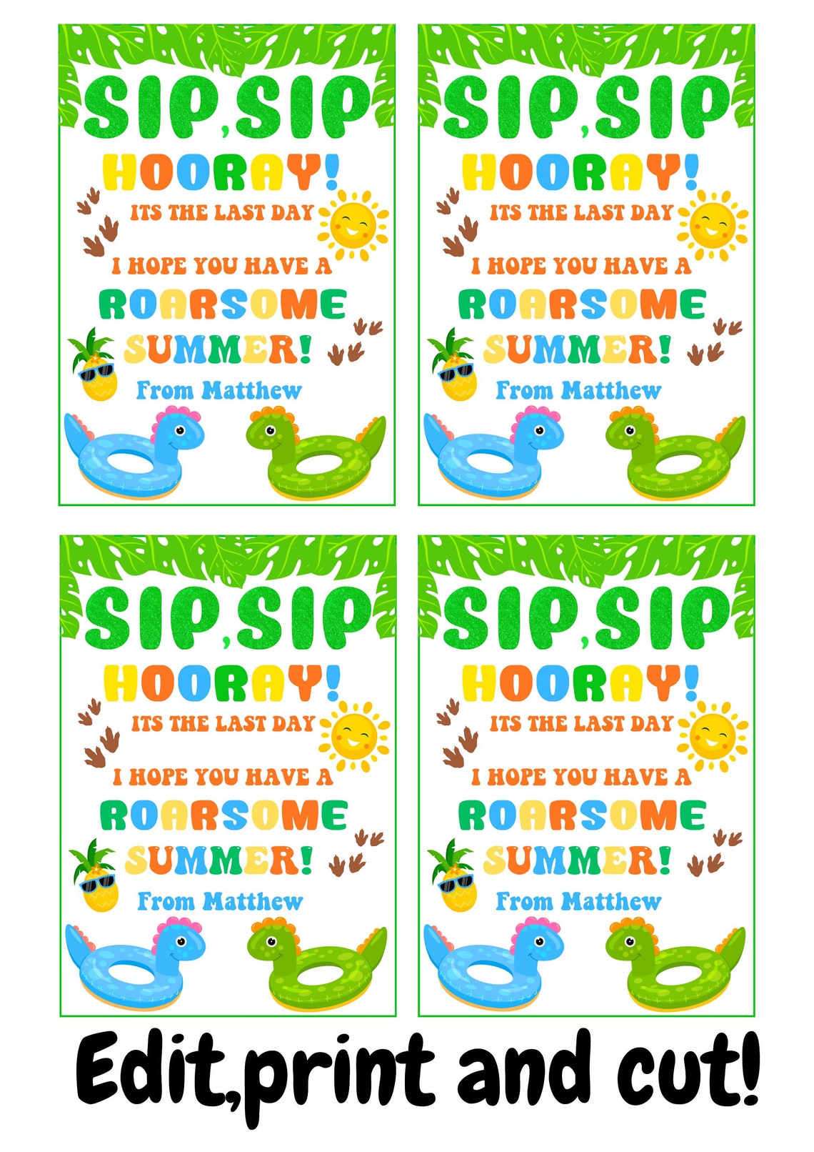 Printable Sip Sip Hooray Dinosaur Straw Tag Editable Silly Straw Gift ...