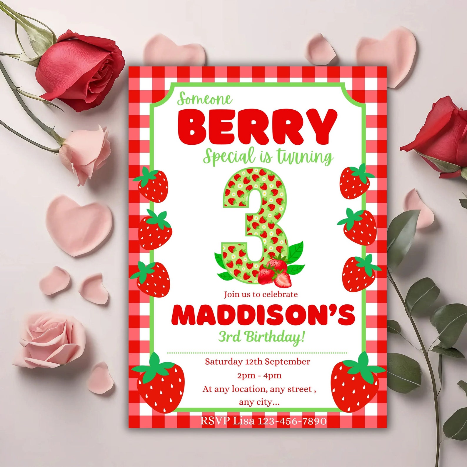 Printable Strawberry 3rd Birthday Invitation Editable Berry Third Girl ...