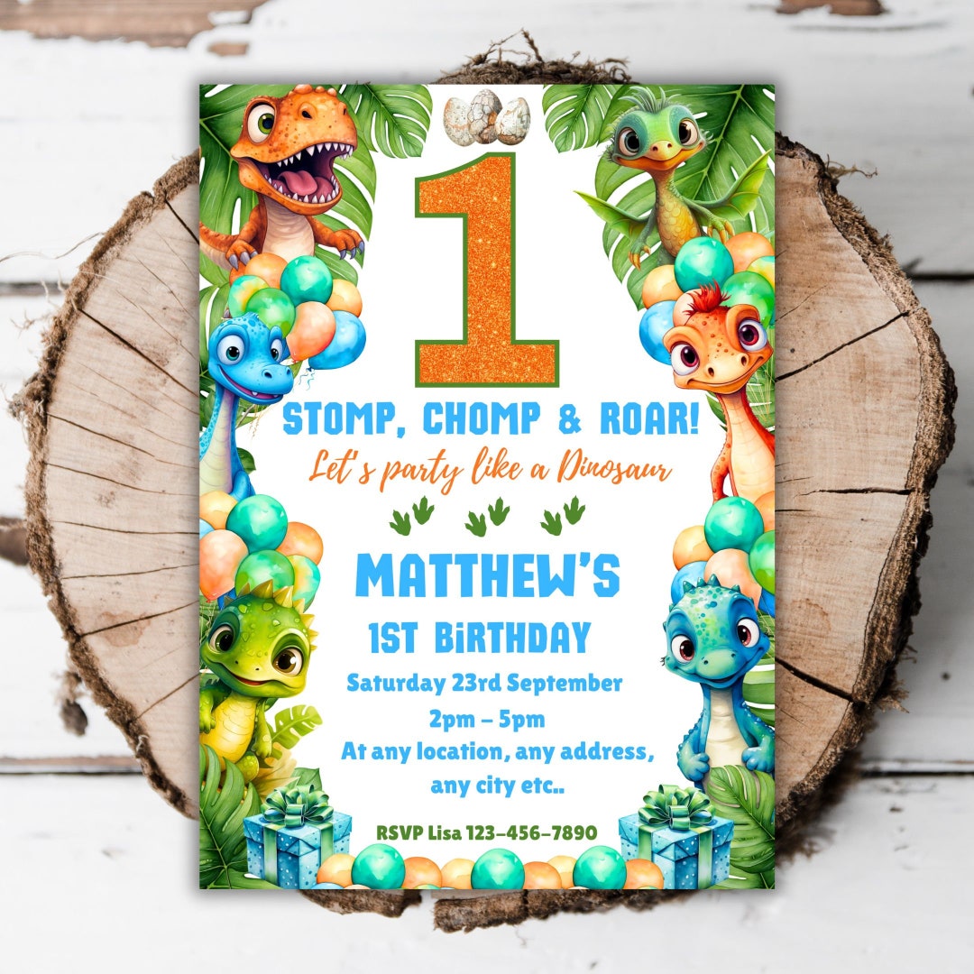 Printable Dinosaur Boys 1st Birthday Invitation Dino Editable Jurassic ...
