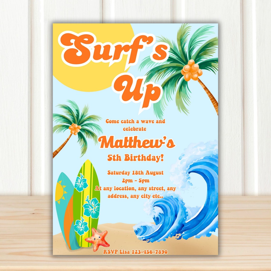 Printable Retro Beach Party Surfs up Boys Invitation Surfing Surfboard ...