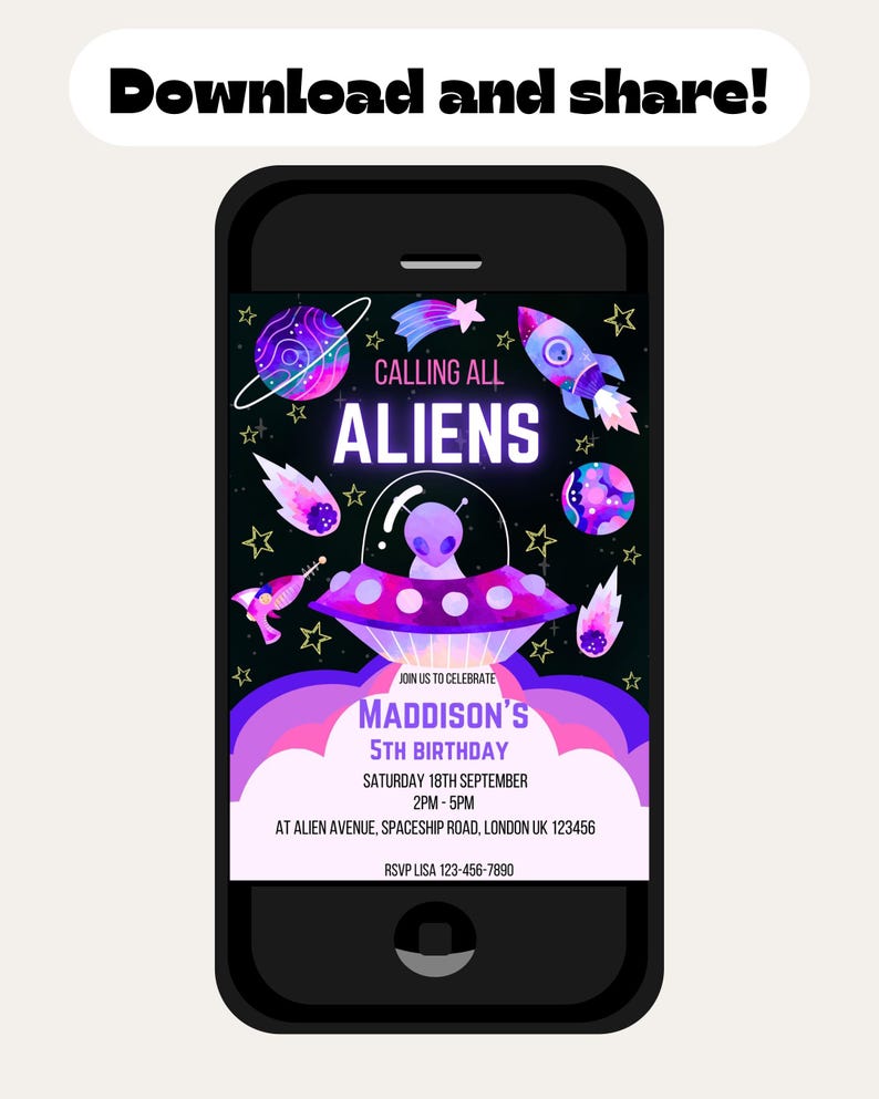 Printable Alien Birthday Invitation Girls Neon Alien Spaceship Editable ...