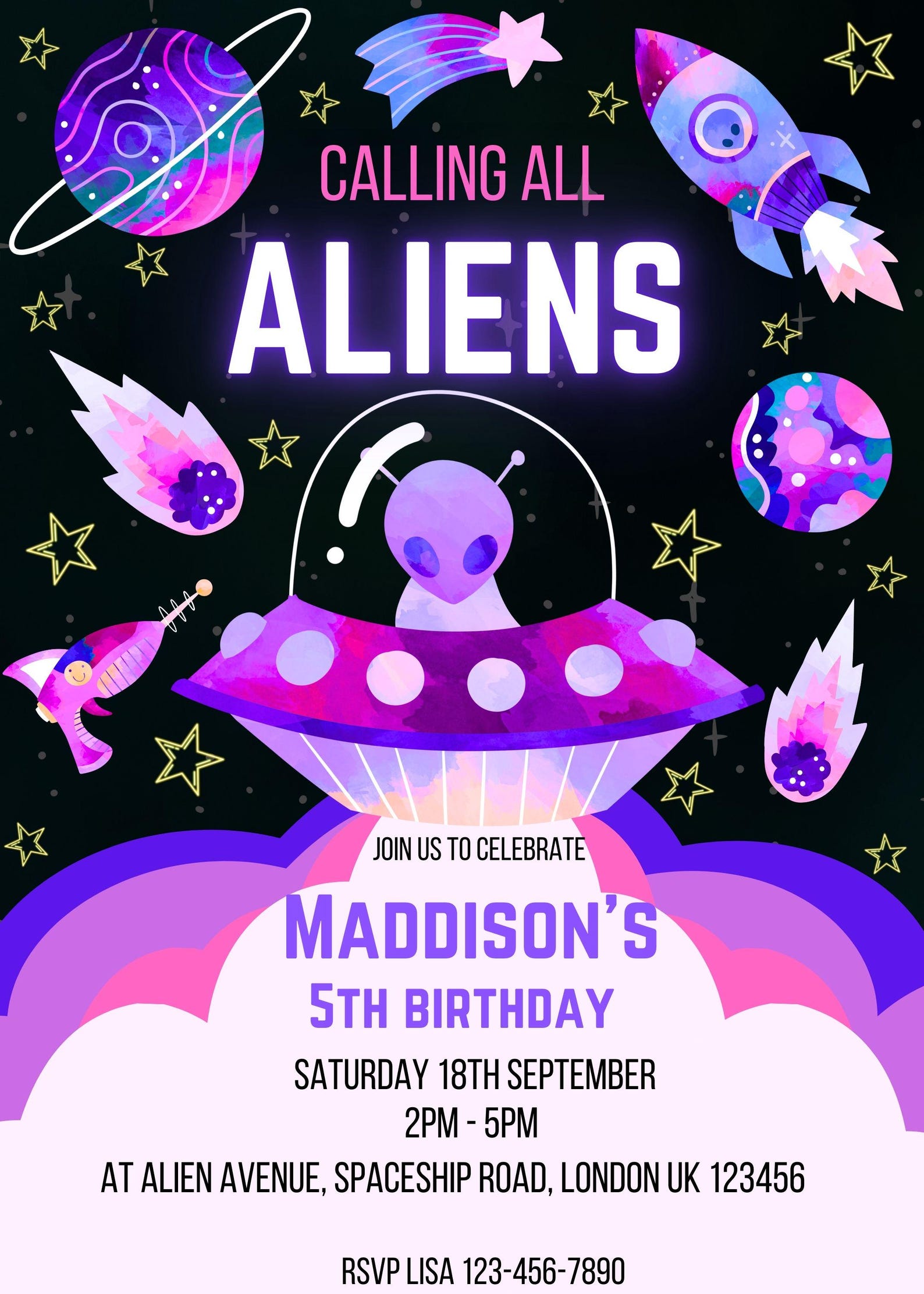Printable Alien Birthday Invitation Girls Neon Alien Spaceship Editable ...