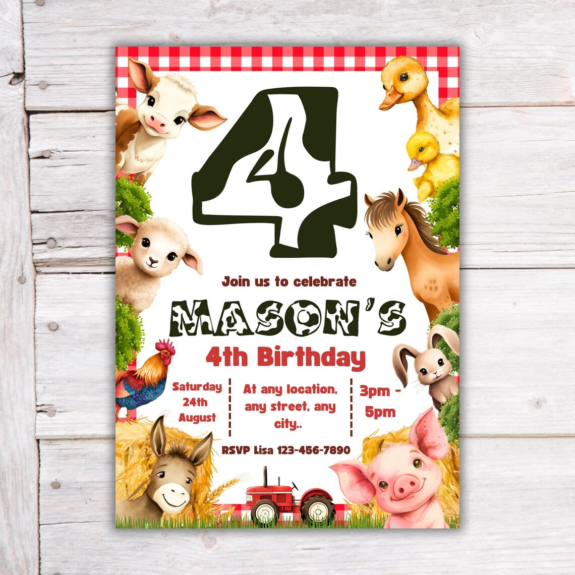Printable Farm 4th Boys Birthday Party Invitation Barnyard Animals ...