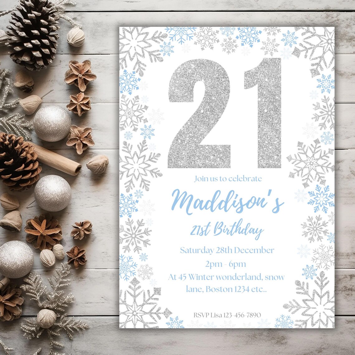 Printable Snowflake 21st Birthday Invitation Winter Wonderland Editable ...