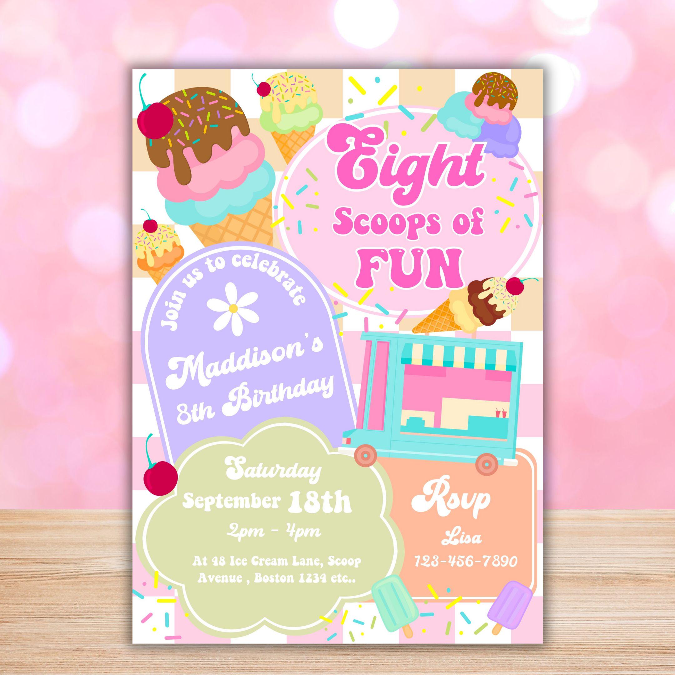Printable Ice Cream 8th Birthday Invitation Girls Ice Pop Editable ...