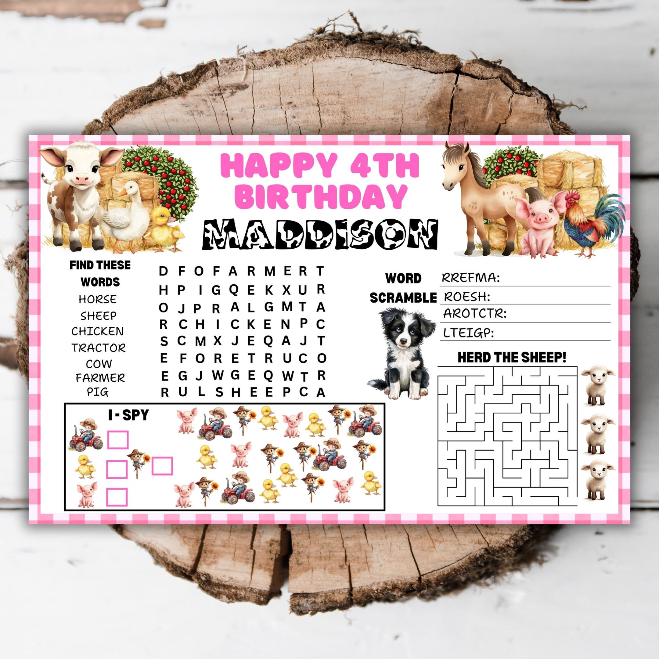 Printable Pink Farm Party Placemat Activity Sheet Farm Animals Editable ...