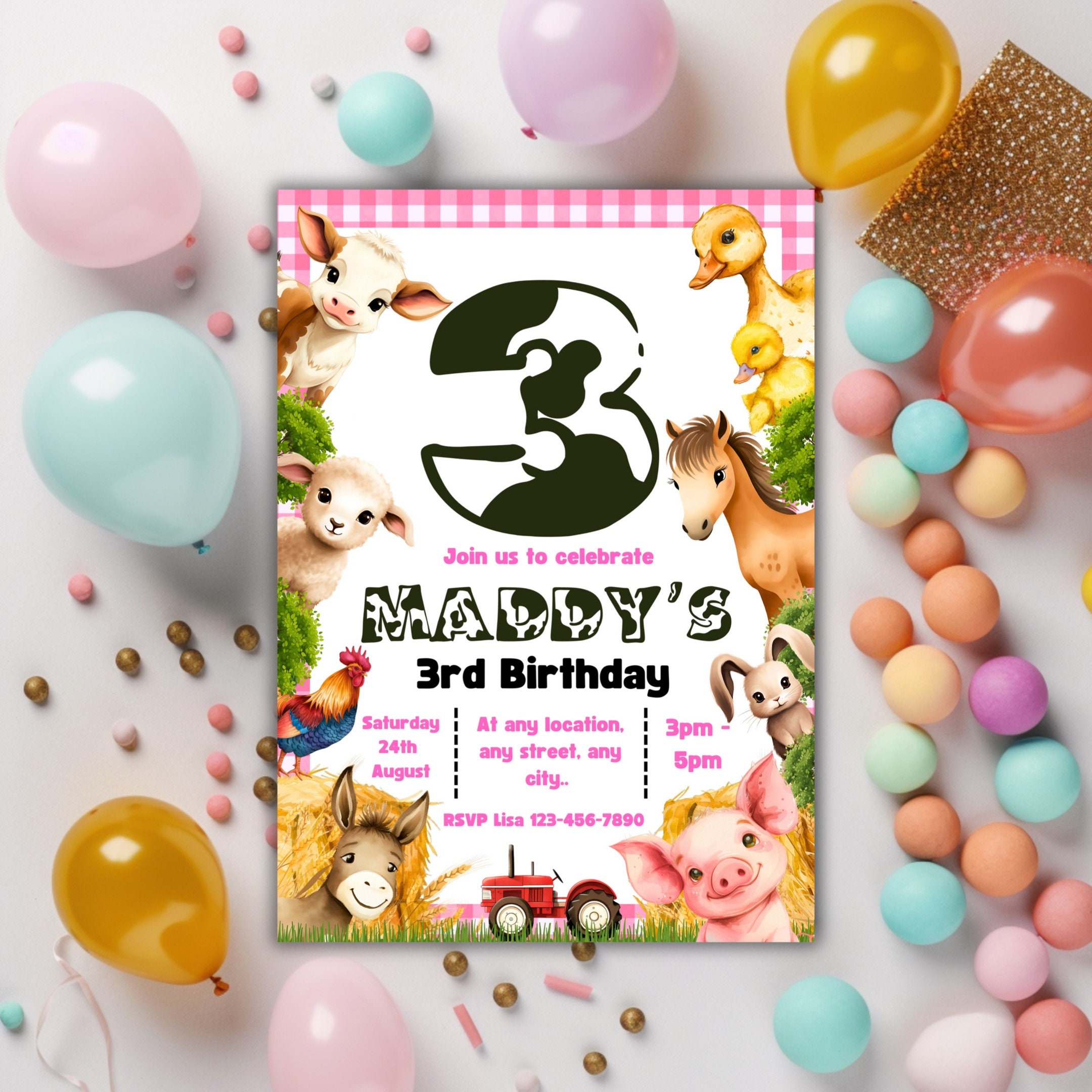 Printable Farm 3rd Birthday Party Invitation Barnyard Editable Farm ...
