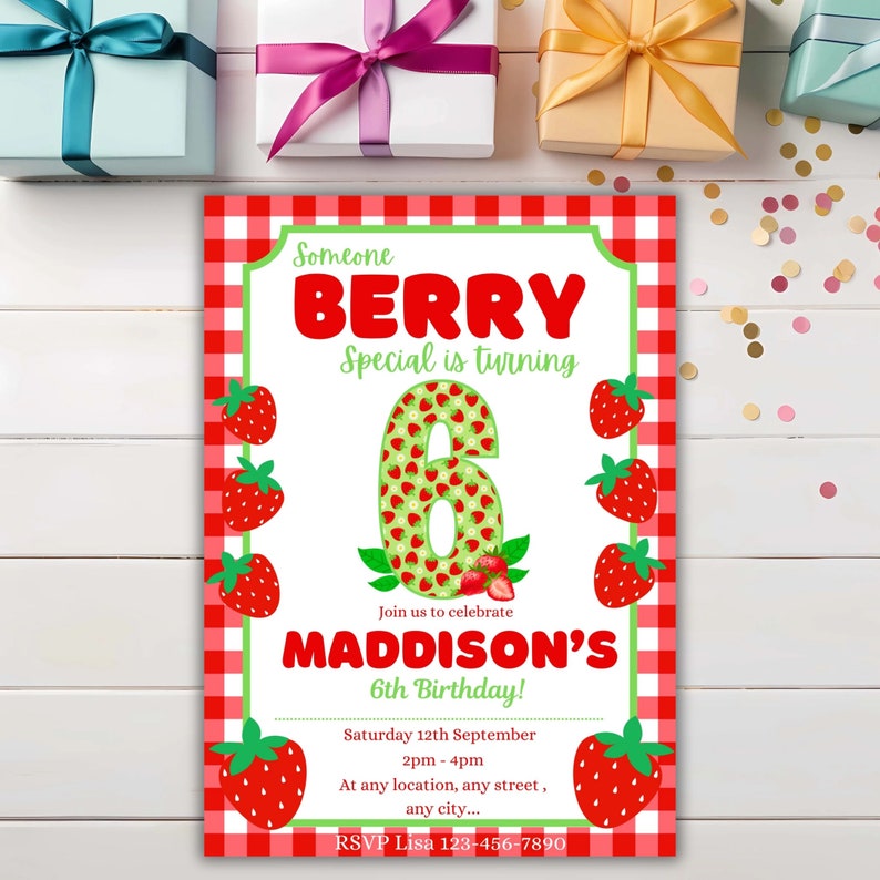 Printable Strawberry 6th Birthday Invitation Editable Berry Sixth Girl ...