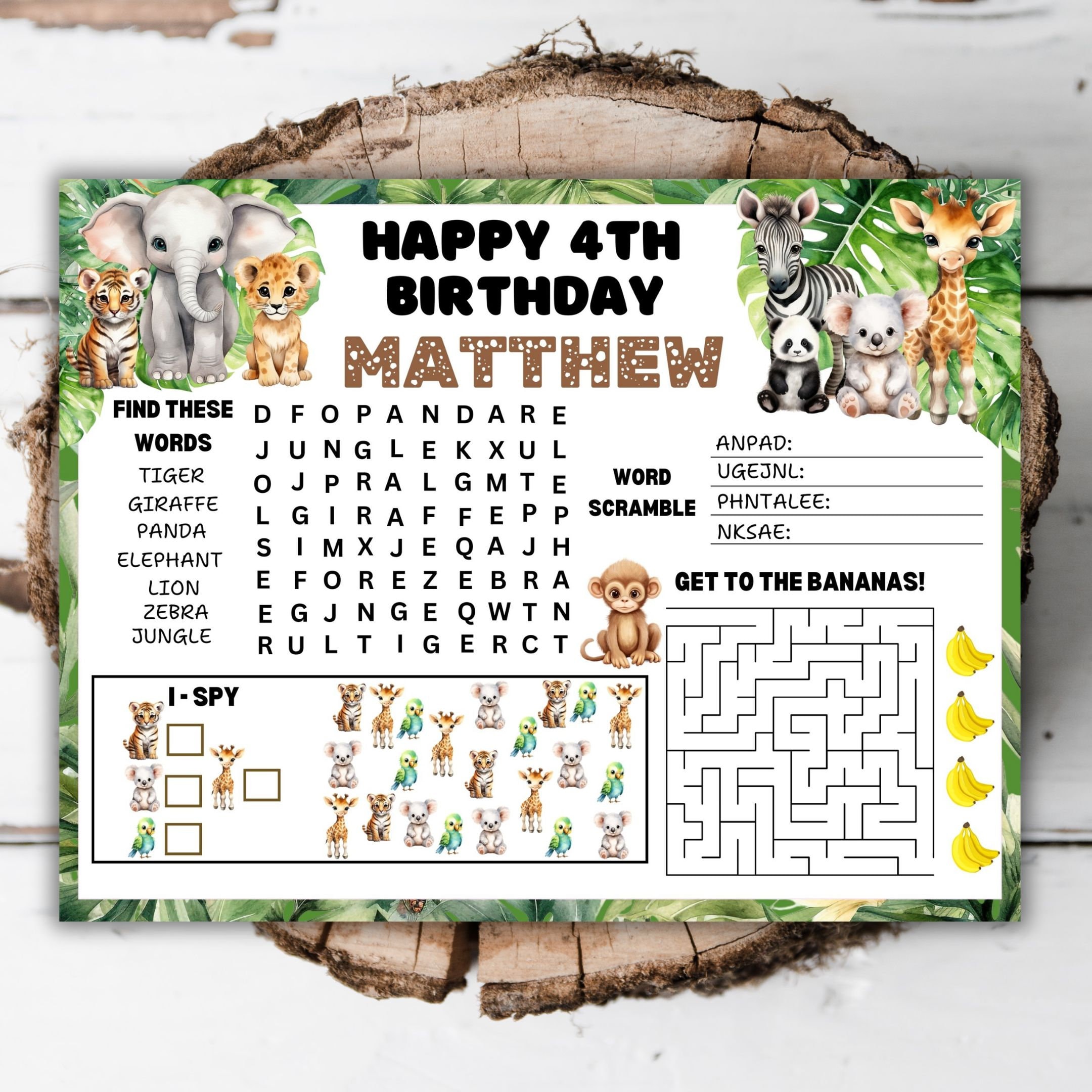 Printable Jungle Party Placemat Activity Sheet Jungle Animals Editable ...