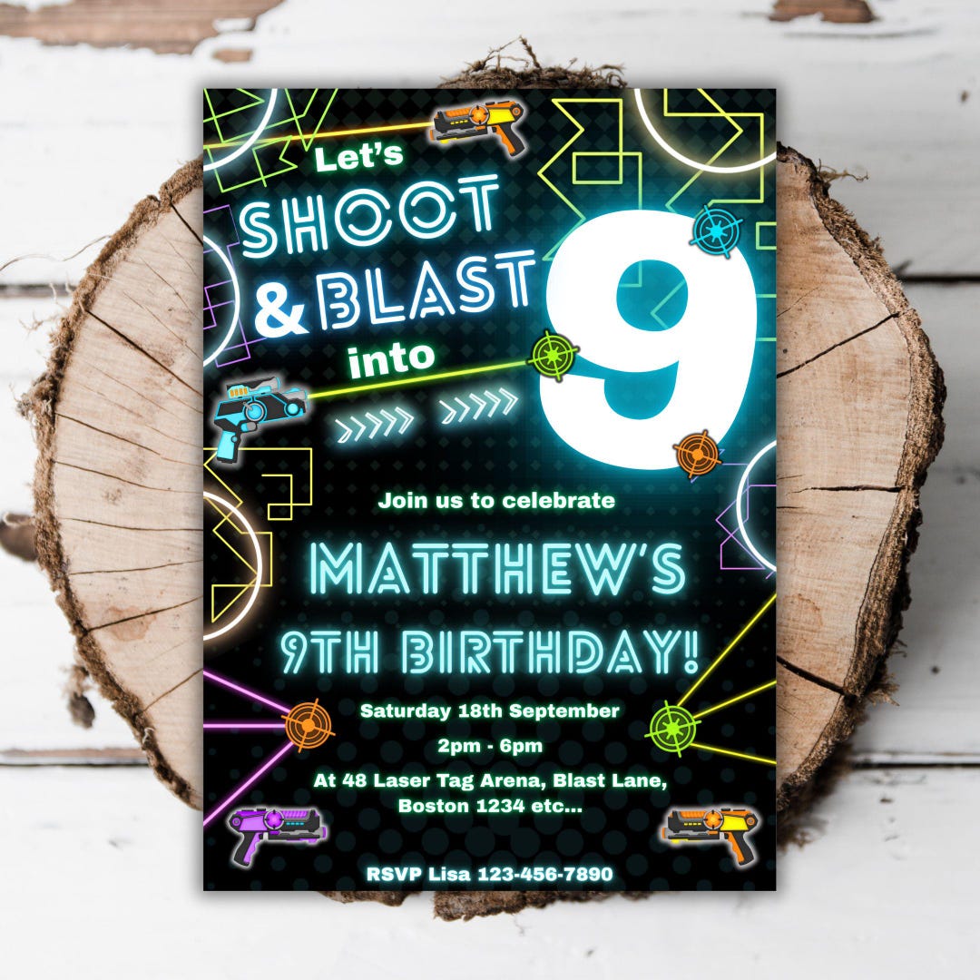 Printable Laser Tag 9th Birthday Invitation Neon Arcade Editable Boys ...