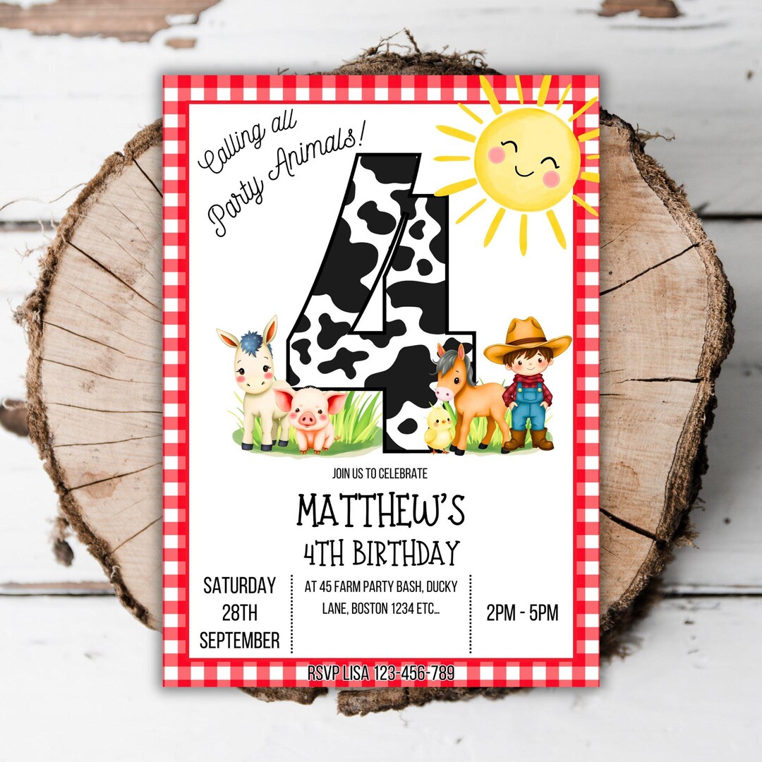Printable Farm 4th Birthday Party Invitation Party Animals Editable ...