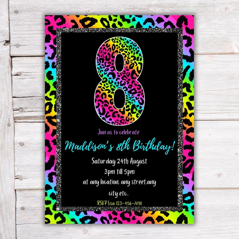Printable Rainbow 8th Leopard Animal Print Girls Birthday Invitation ...