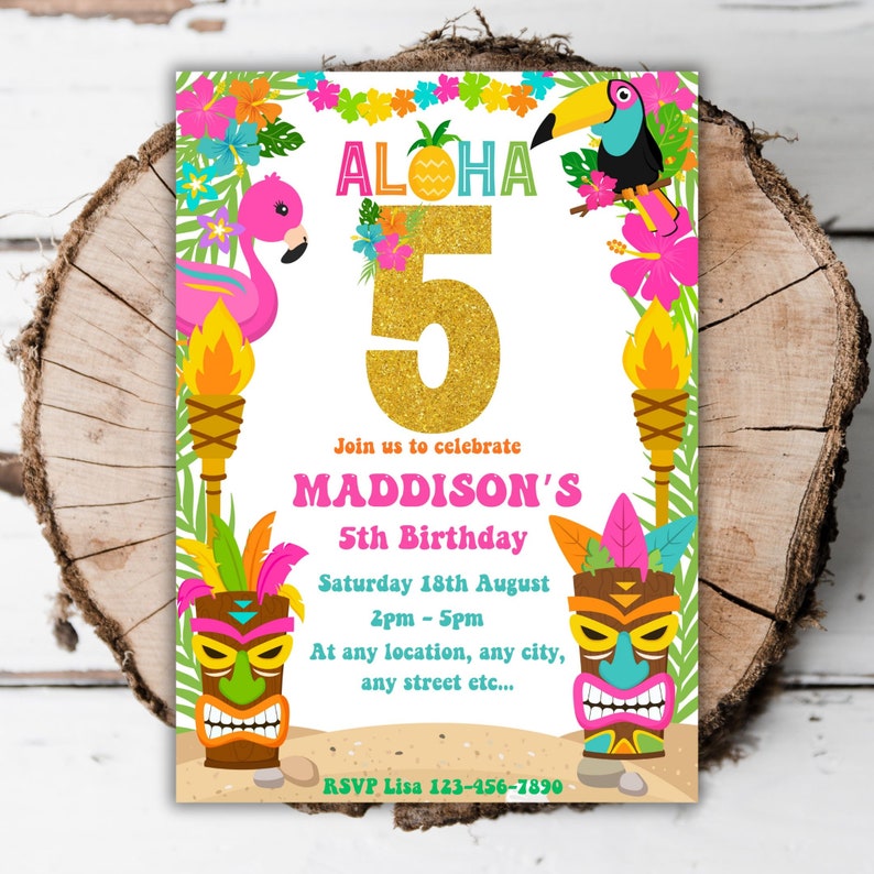 Printable Hawaiian Luau Girls 5th Birthday Invitation Tropical Pool ...