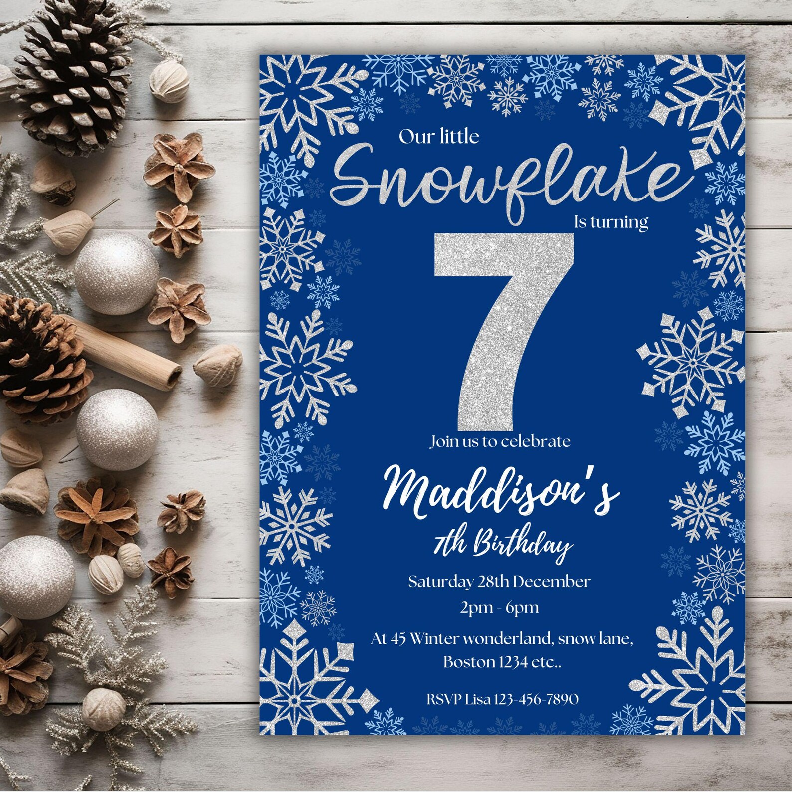 Printable Snowflake 7th Birthday Invitation Winter Wonderland Glitter ...