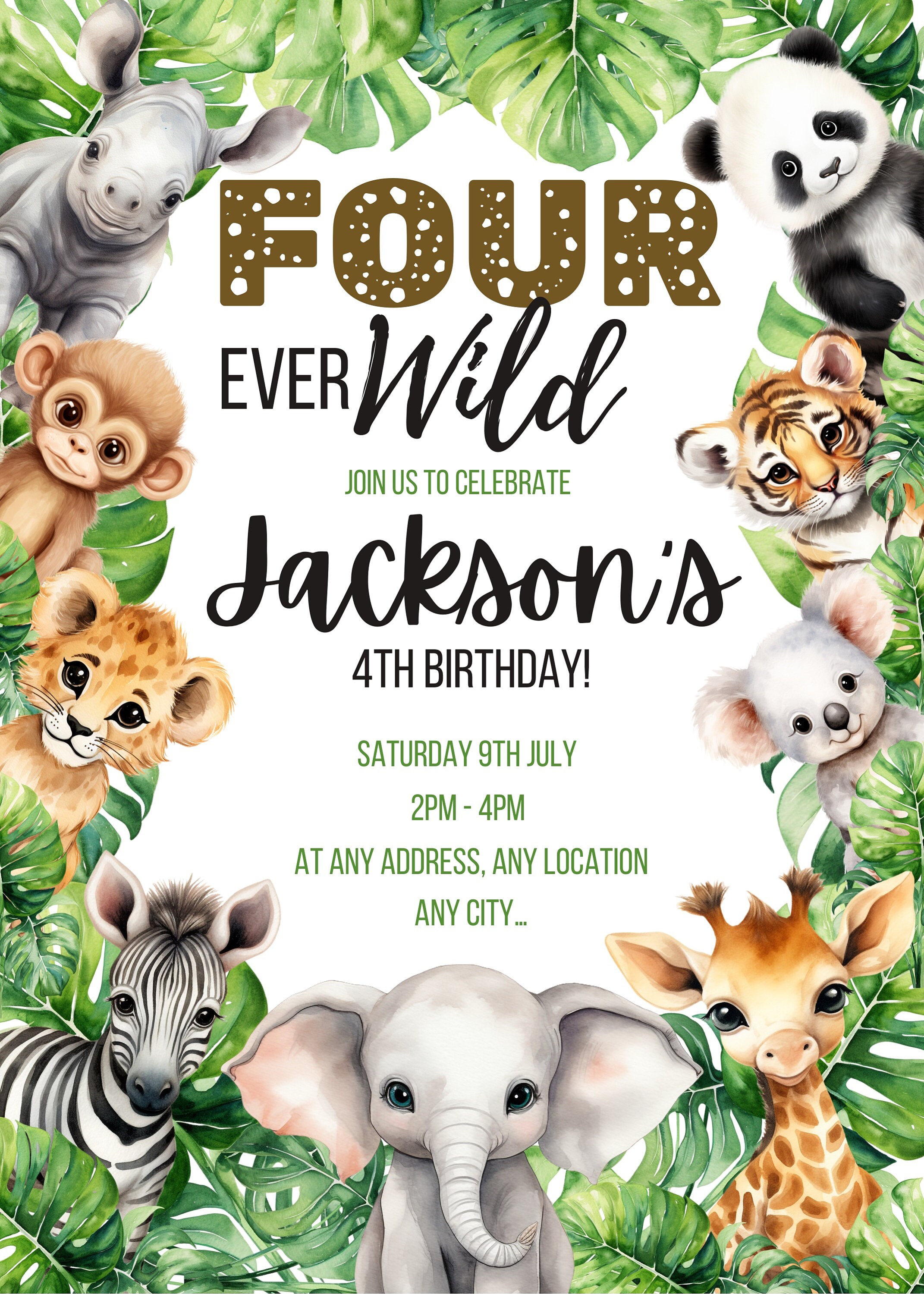 Printable Jungle Fourth Birthday Party Invitation Template Boys Invite ...