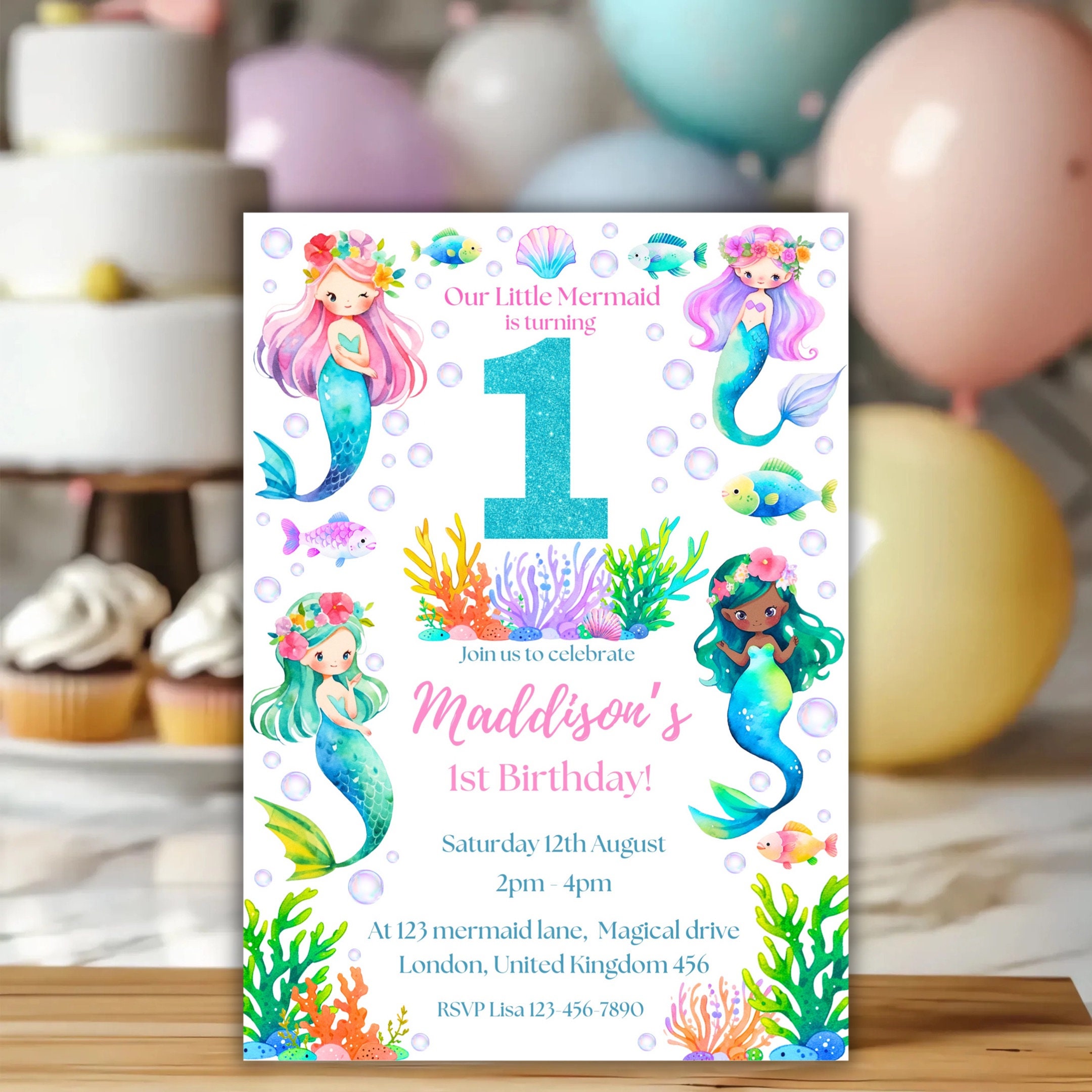 Printable Mermaid 1st Birthday Invitation Girls Tropical Under the Sea ...