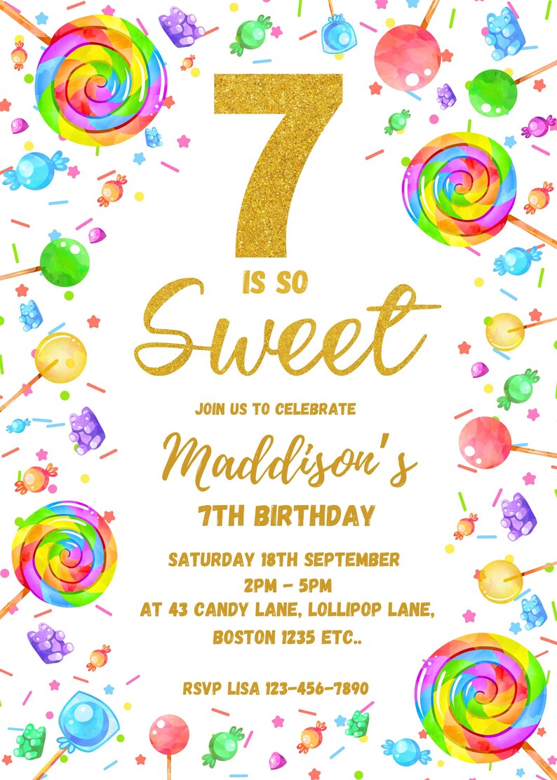 Printable Candy 7th Birthday Invitation 7 is so Sweet Editable Candy ...