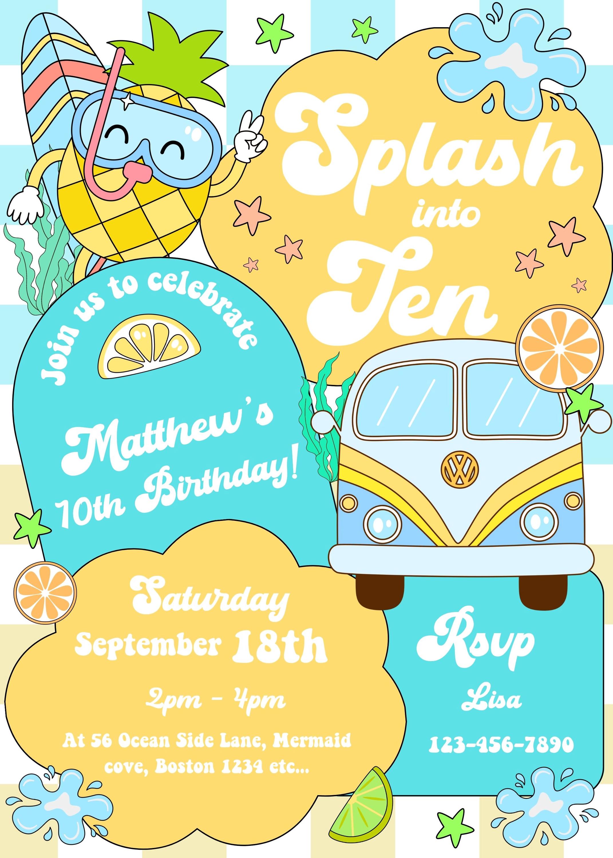 Printable Pool Party 10th Birthday Invitation Waterpark Splash Editable ...