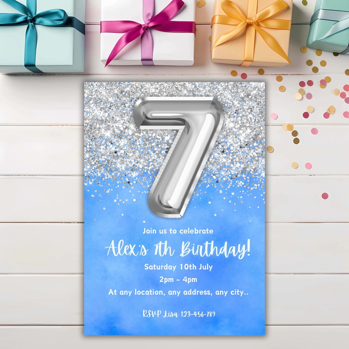 Printable Blue Silver 7th Birthday Invitation Glitter Template Foil ...