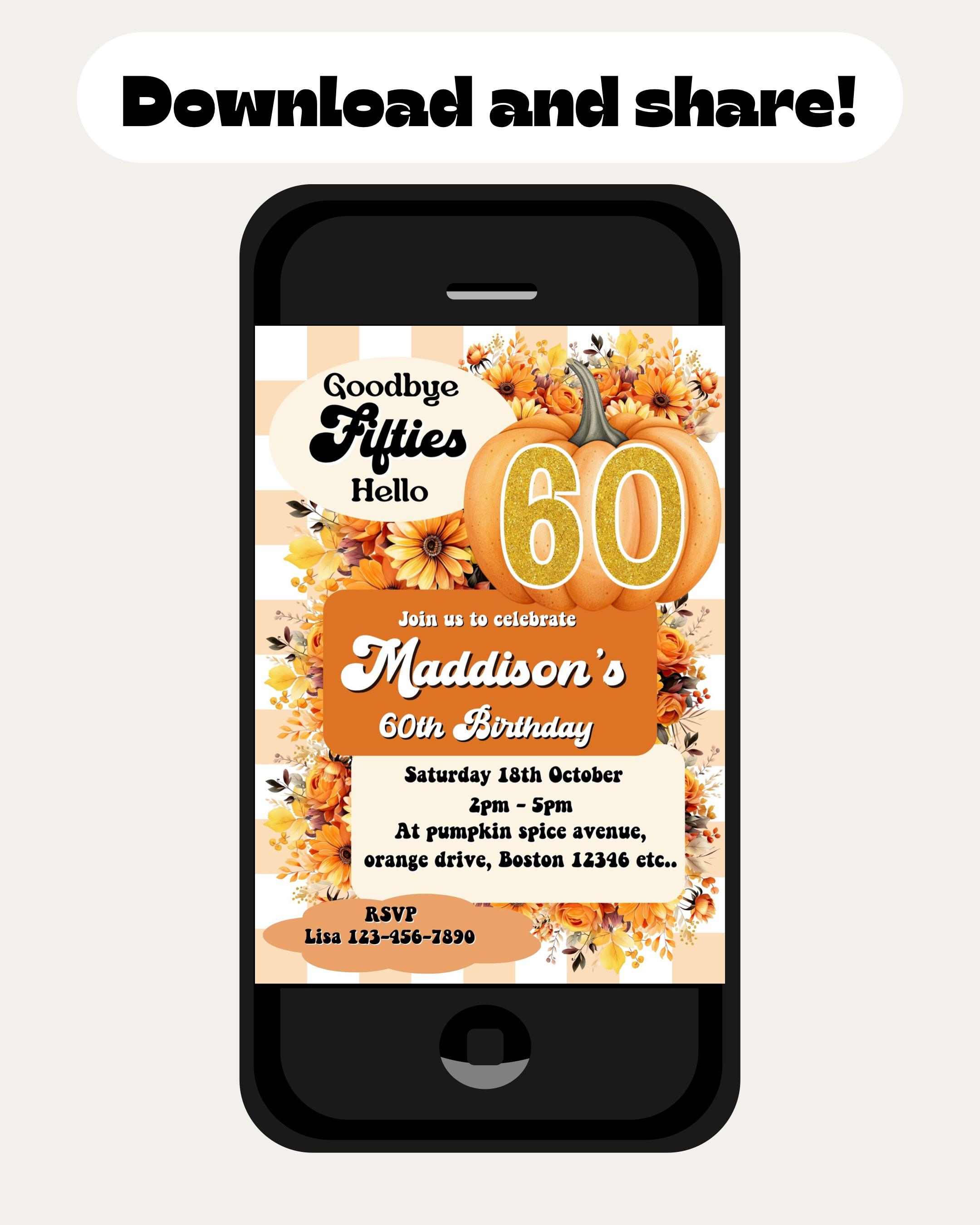 Printable Pumpkin 60th Birthday Invitation Woman's Retro Fall Turning ...
