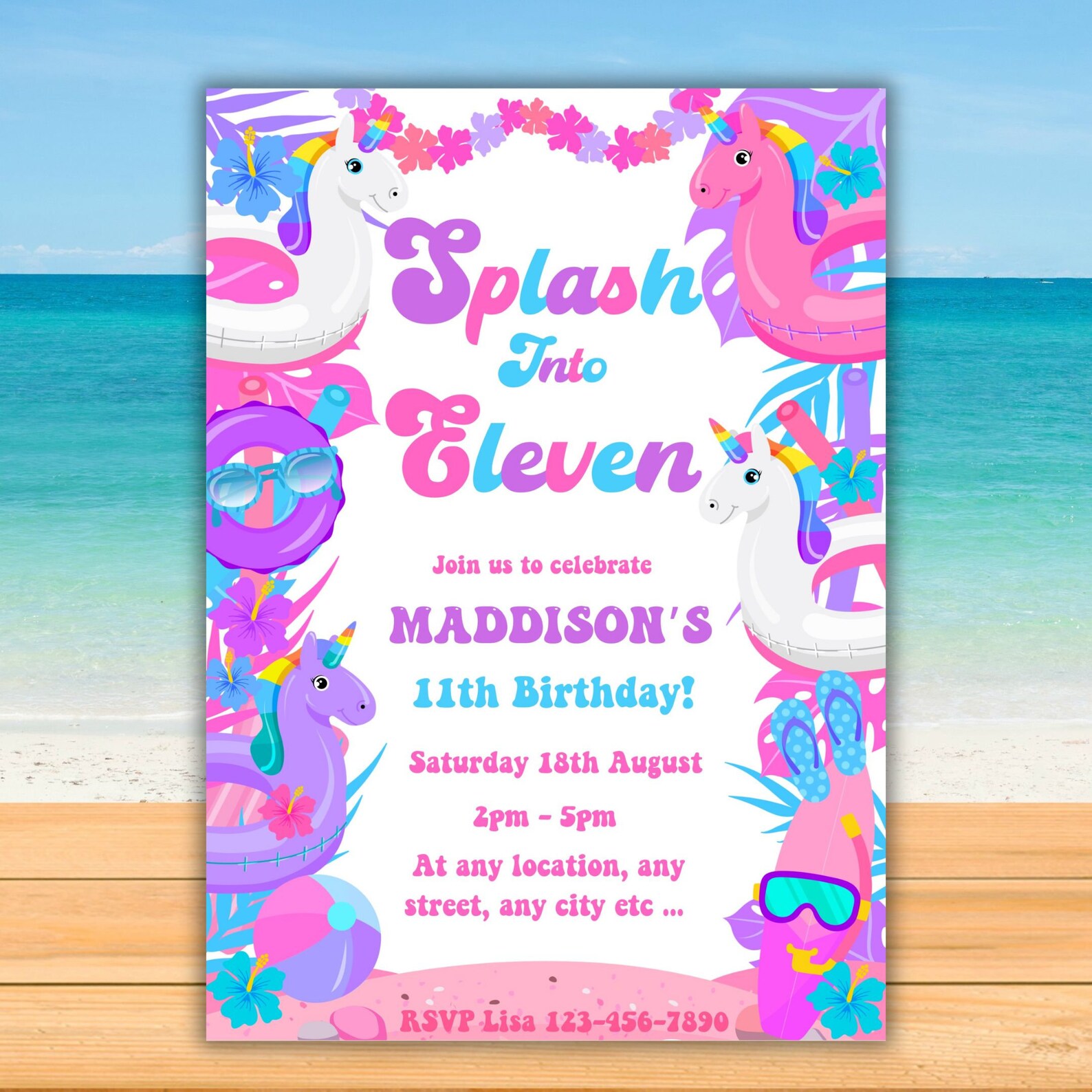 Printable Unicorn Splash Into Eleven Pool Party Bash Girls 11th