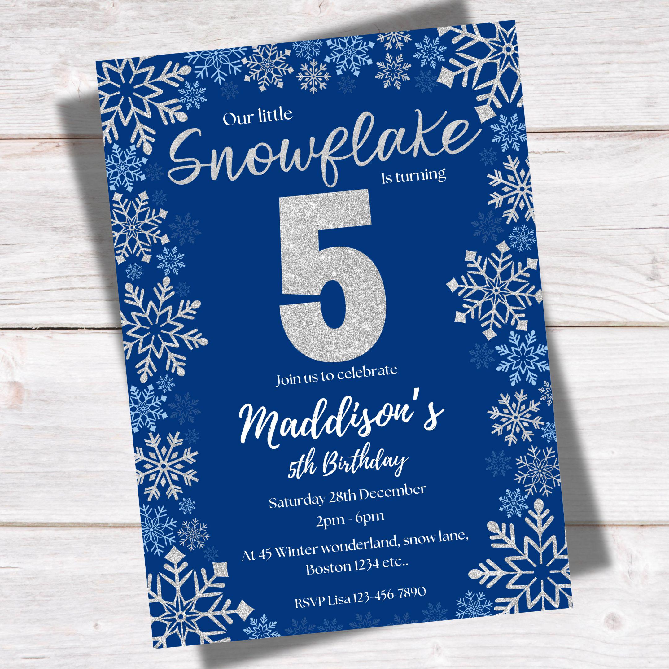 Printable Snowflake 5th Birthday Invitation Winter Wonderland Glitter ...