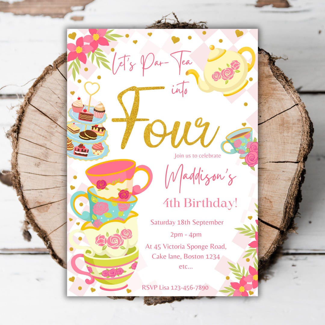Printable Tea Party 4th Birthday Party Invitation High Tea Editable ...