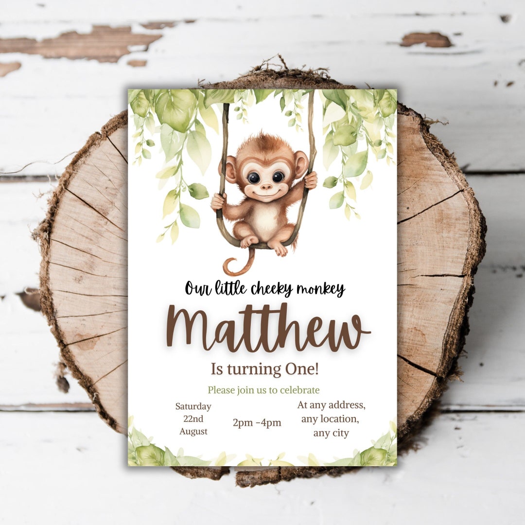 Printable Jungle Cheeky Monkey Birthday Invitation Greenery Editable ...