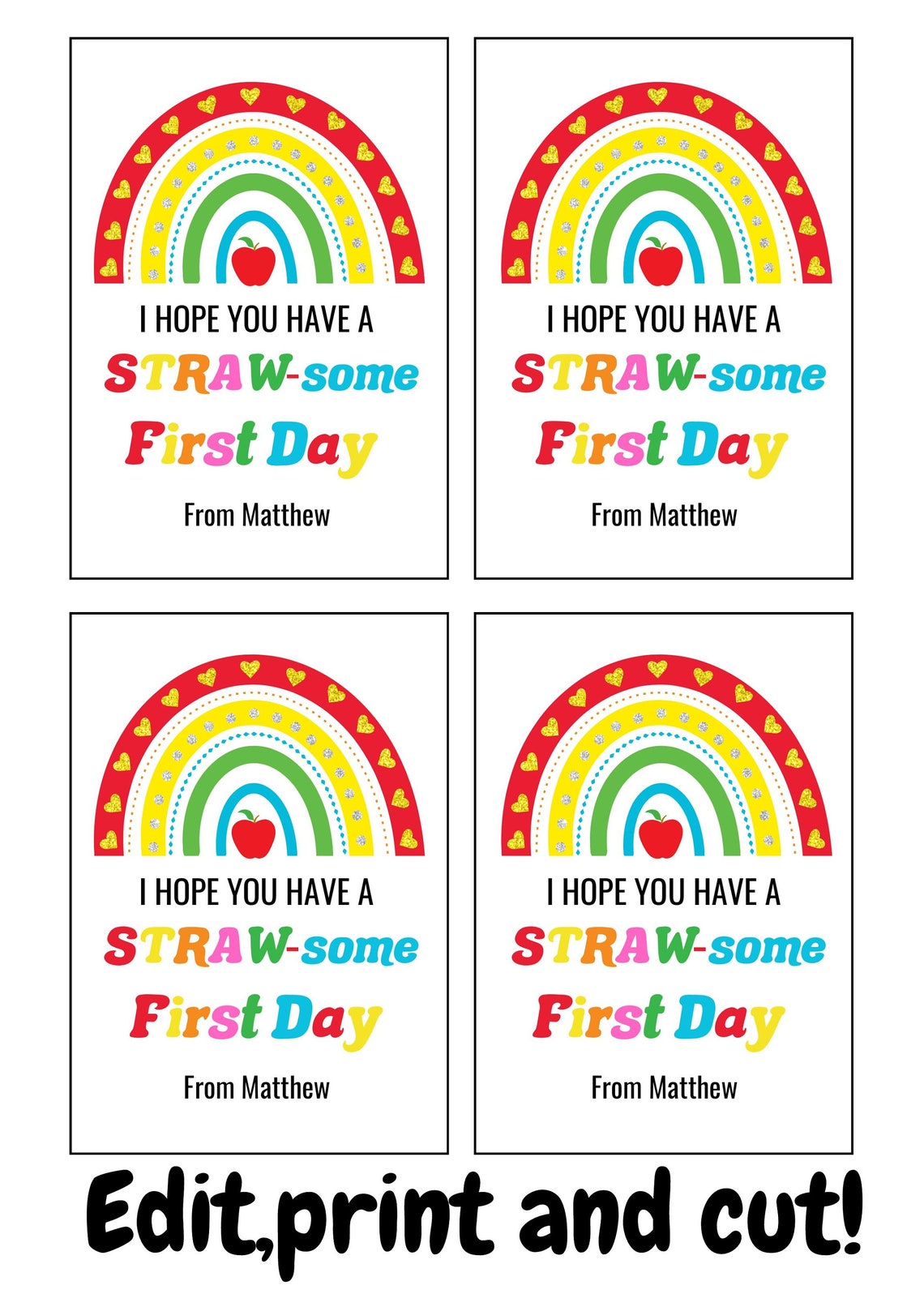 Printable Straw Back to School Tag Editable Silly Straw Gift Tag ...