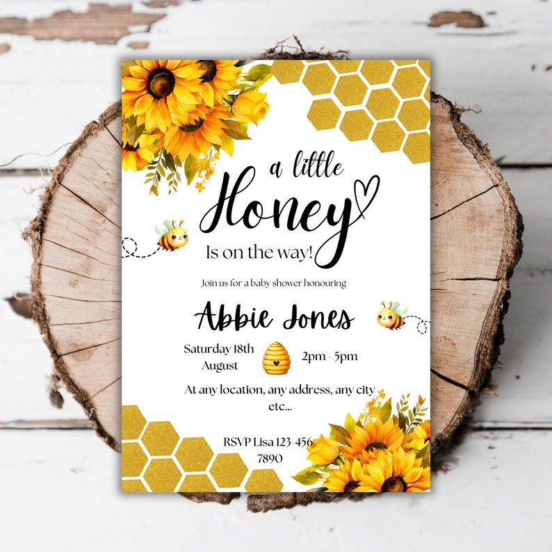 Printable Honey Bee Sunflower Baby Shower Invitation Gold Glittery ...