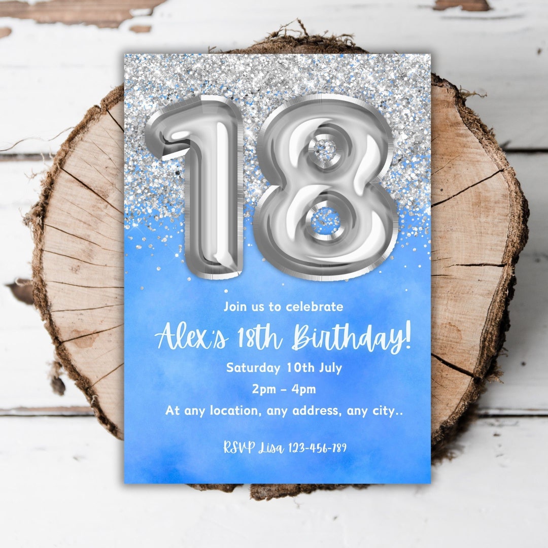 Printable Blue Silver 18th Birthday Invitation Glitter Template Foil ...