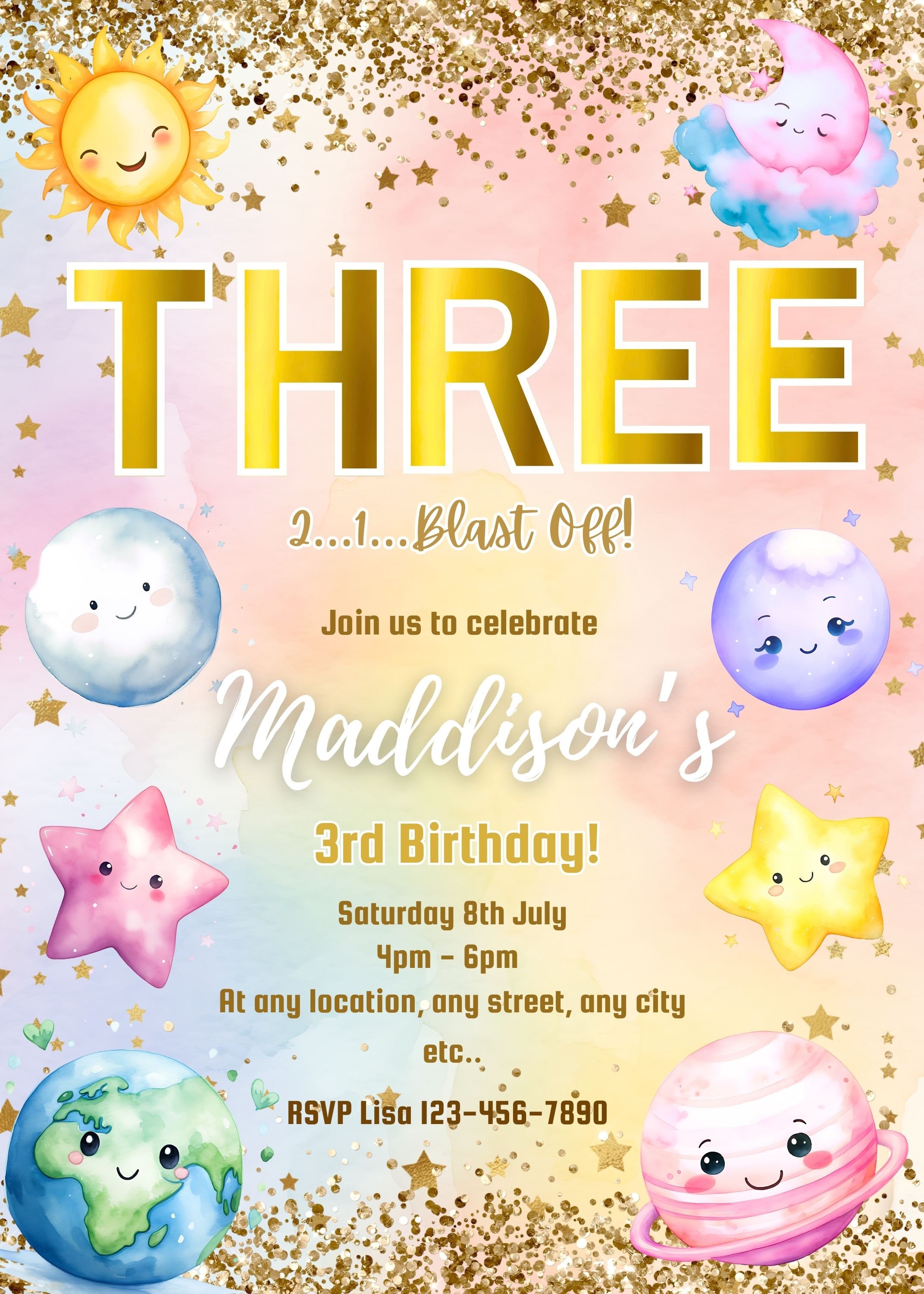 Printable Pastel Outer Space Birthday Invitation Planets Editable ...