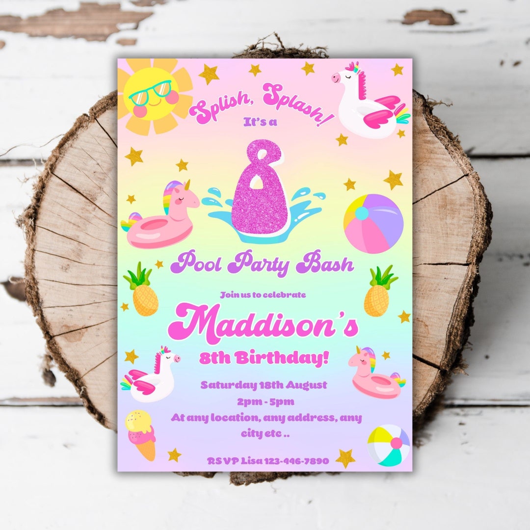 Printable Unicorn Rainbow Pool Party Girls 8th Birthday Invitation ...