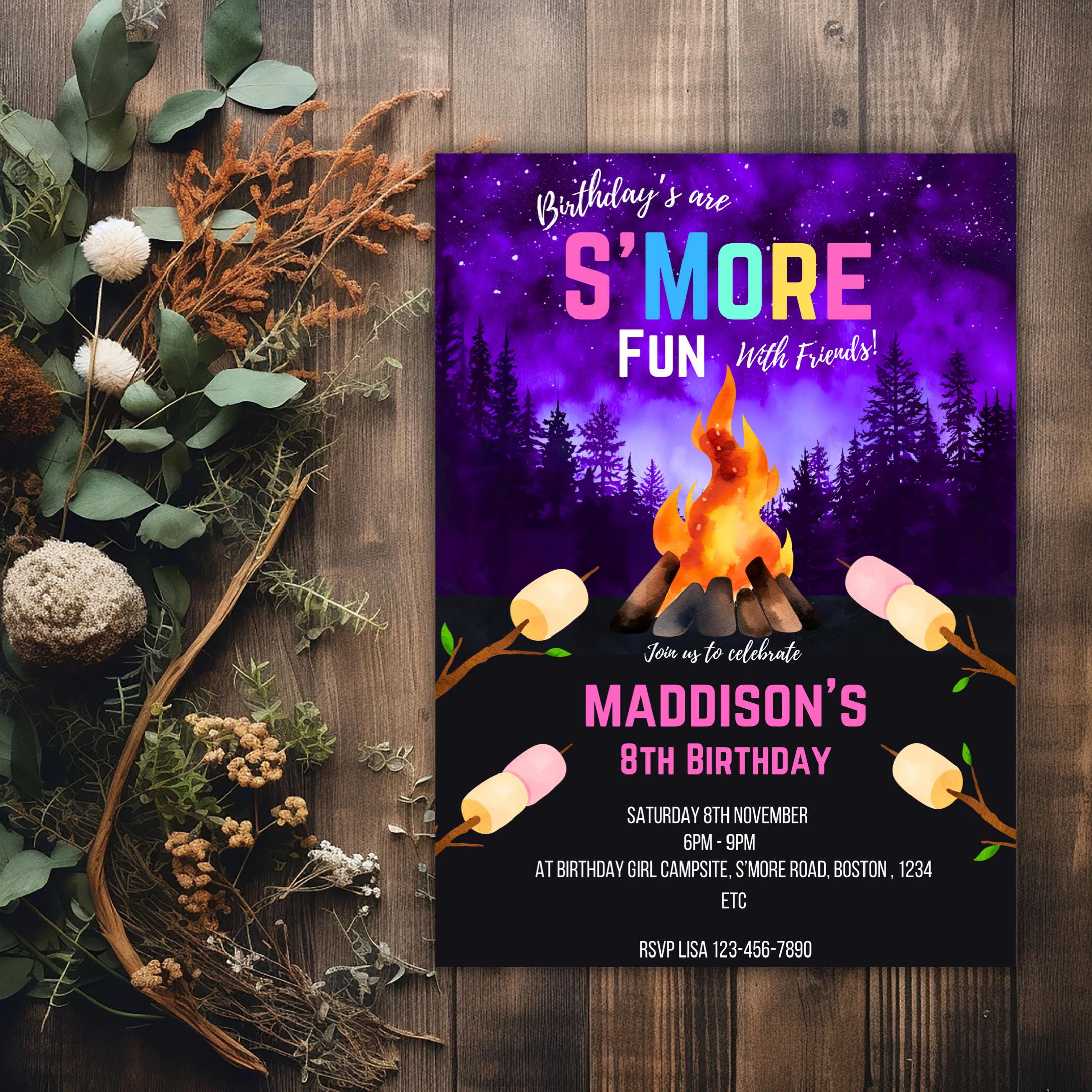 Printable Smore Birthday Invitation Girls Camping Party Editable ...