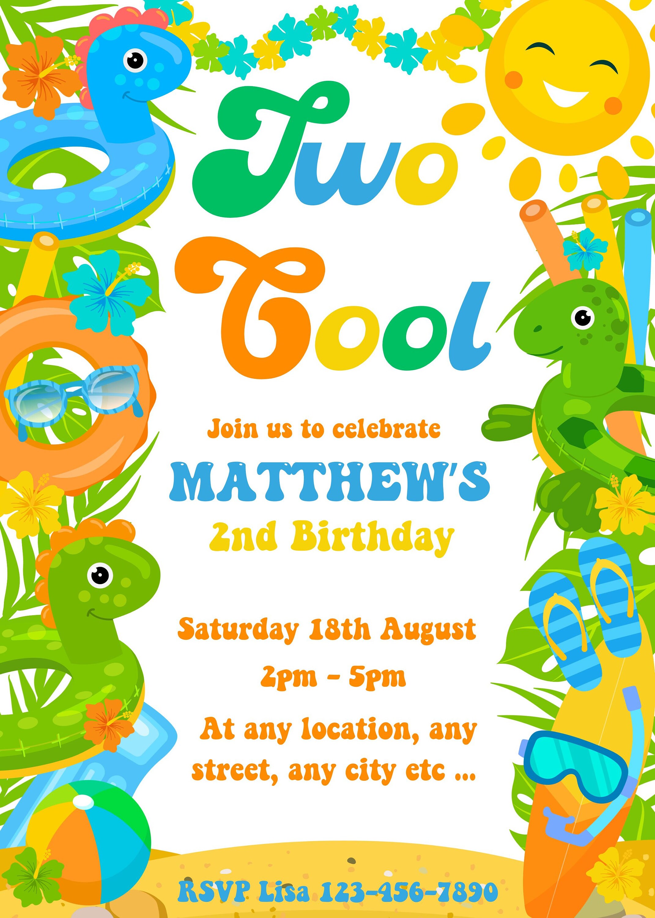 Printable Dinosaur Two Cool Pool Party Boys 2nd Birthday Invitation ...