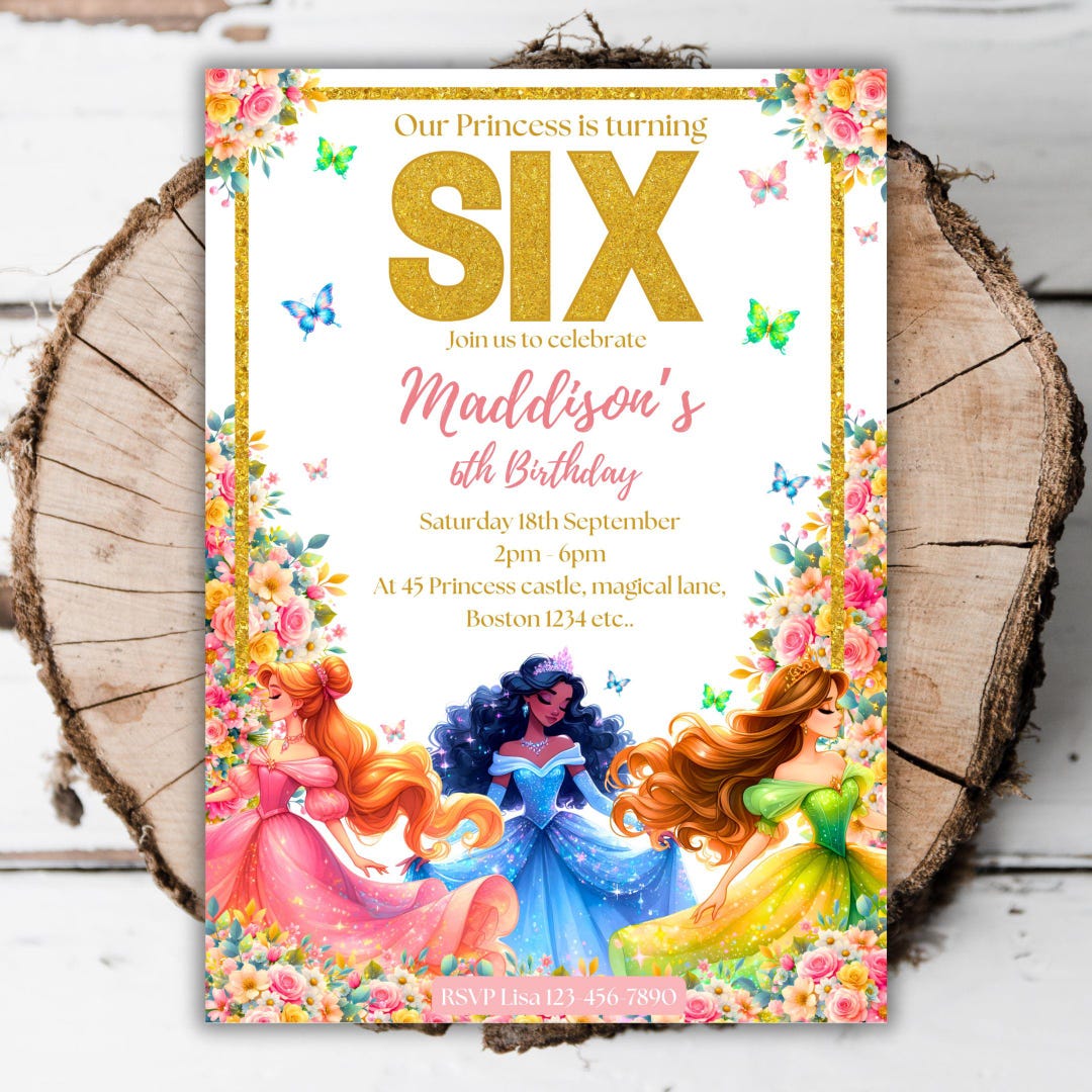 Printable Princess 6th Birthday Invitation Girls Magical Castle Sixth ...