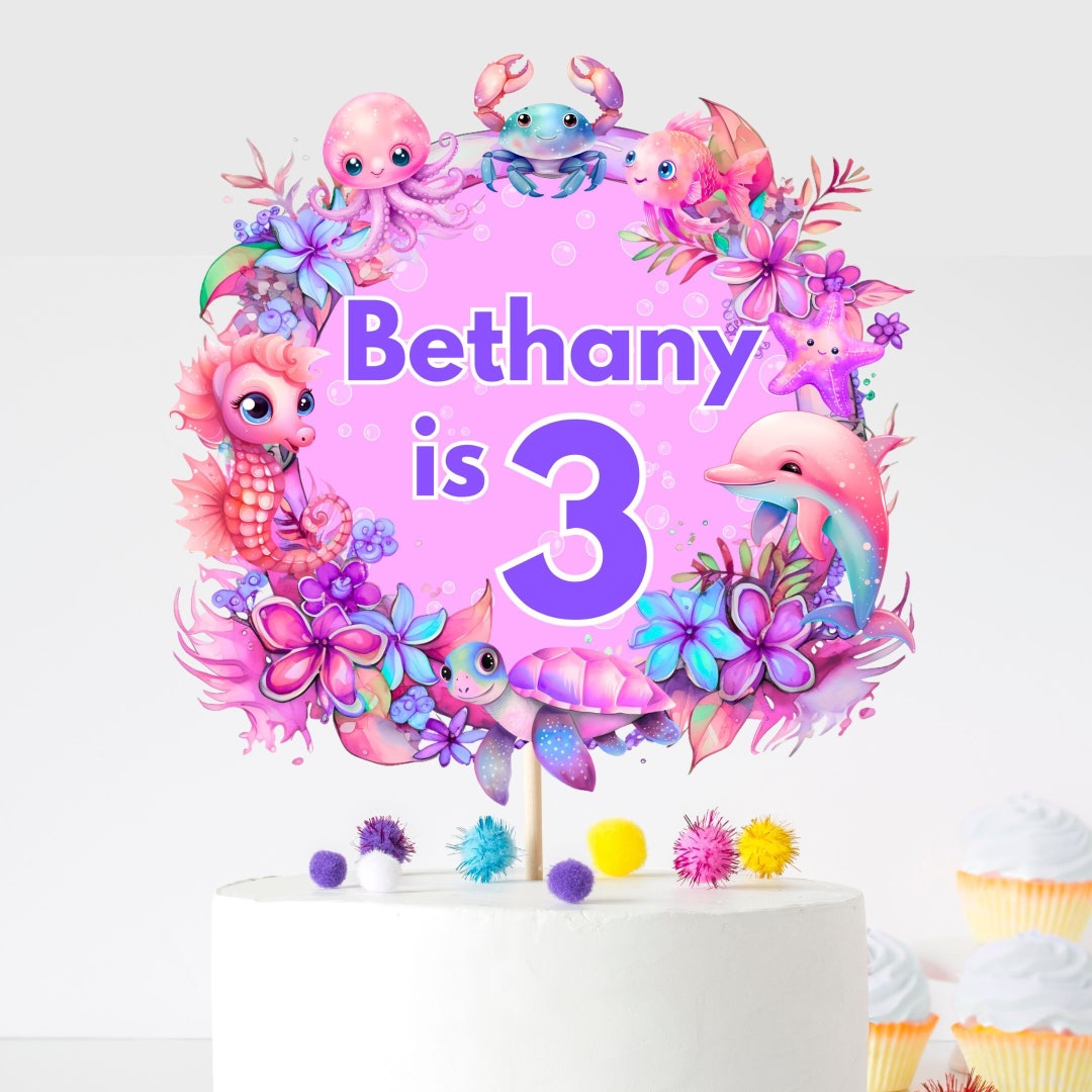 Printable Pink Under the Sea Party Cake Topper Personalised Ocean ...