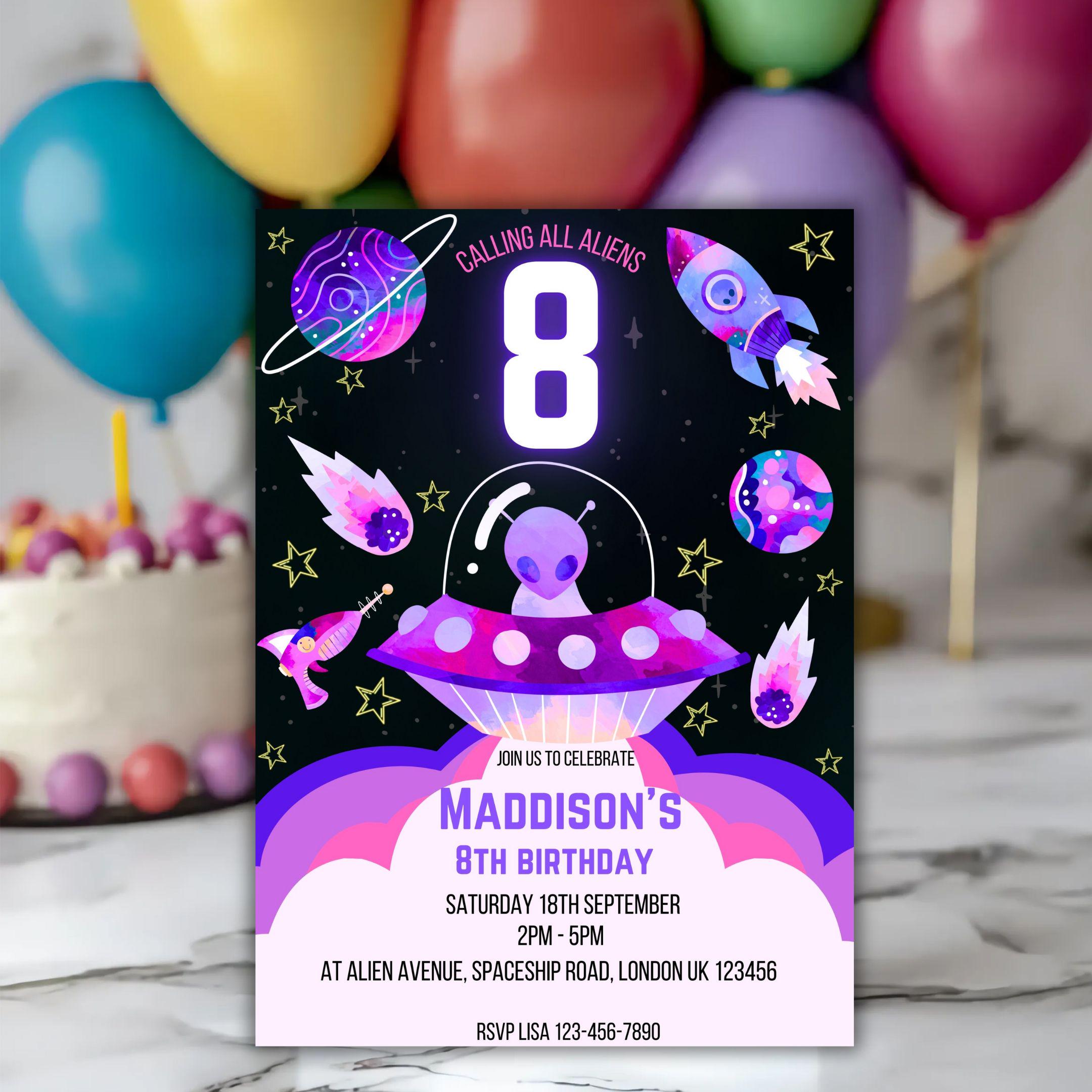 Printable Alien Birthday Invitation Girls Neon Alien Spaceship Editable ...