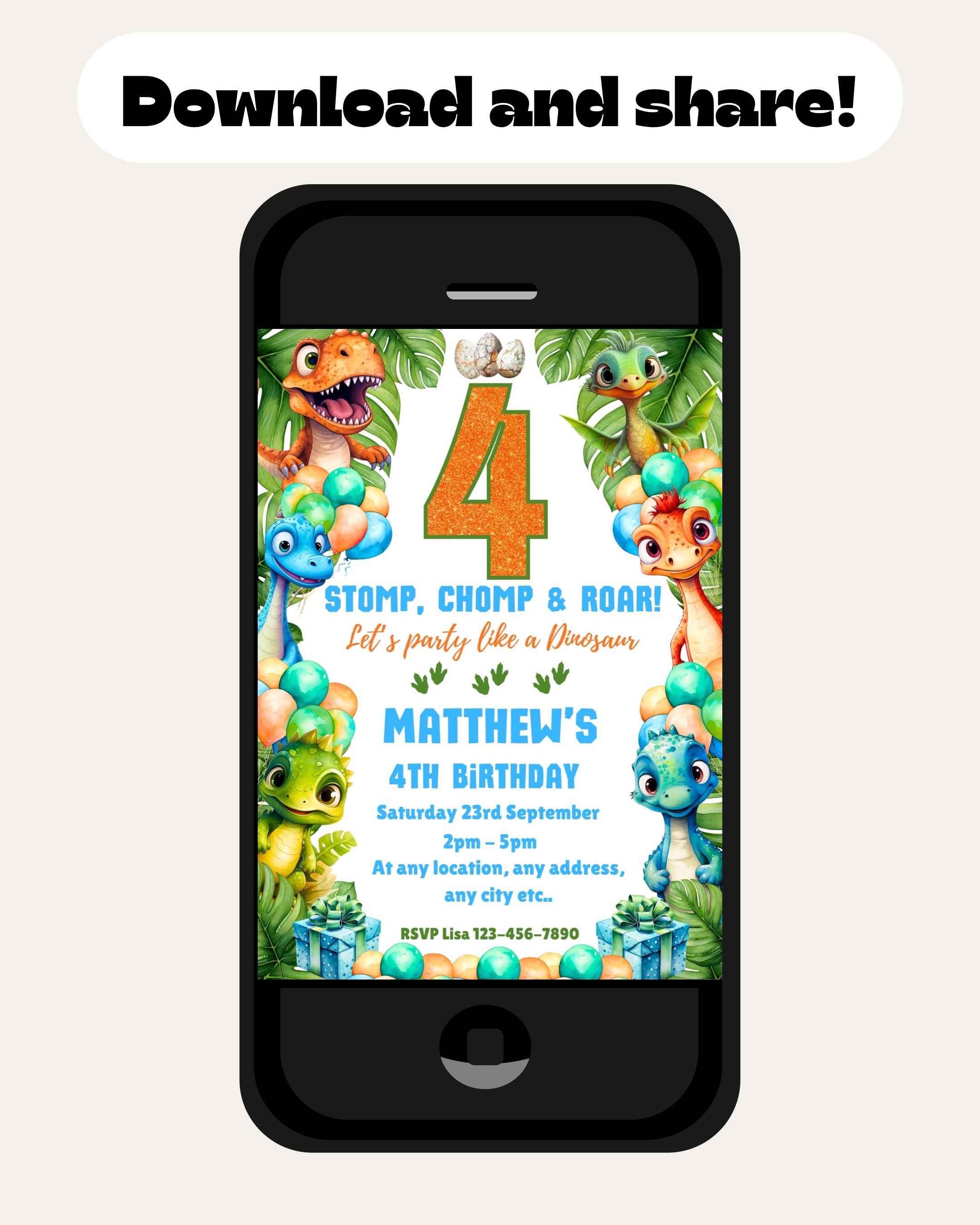 Printable Dinosaur Boys 4th Birthday Invitation Dino Editable Jurassic ...